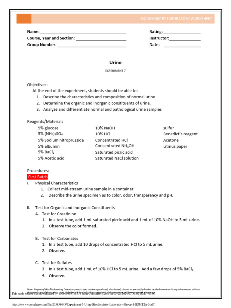 Urine Biochemistry Laboratory Worksheet | PDF | Urine | Acid