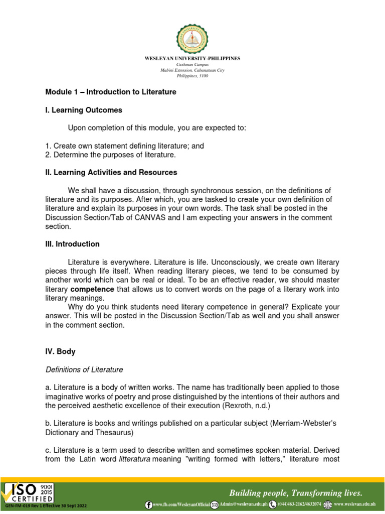 Module 1-INTRO TO LIT | PDF | Liberal Arts Education