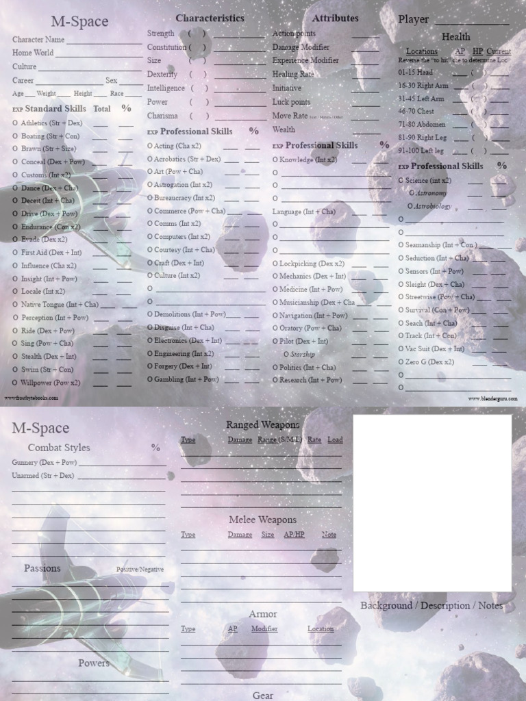 M-Space RPG Character Sheet | PDF | Teaching Methods & Materials