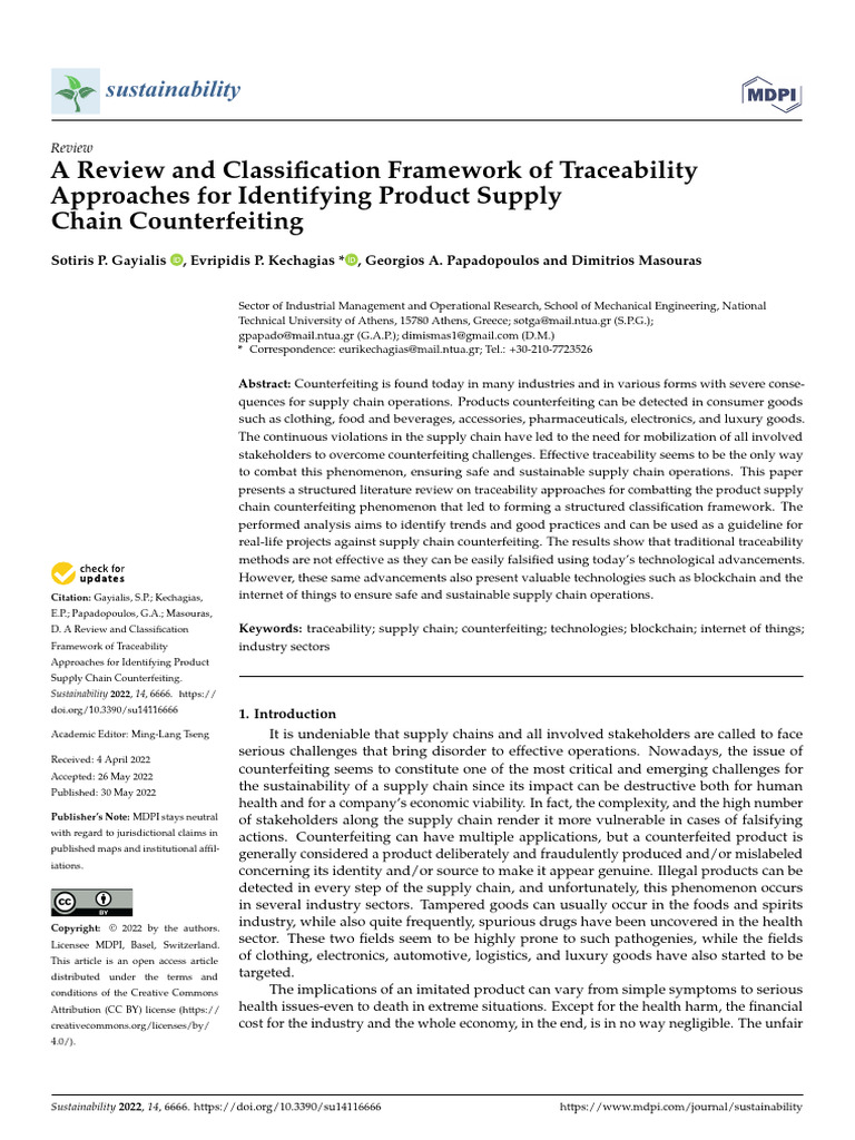 A Review and Classification Framework of Traceability Approaches For Identifying Product Supply ...