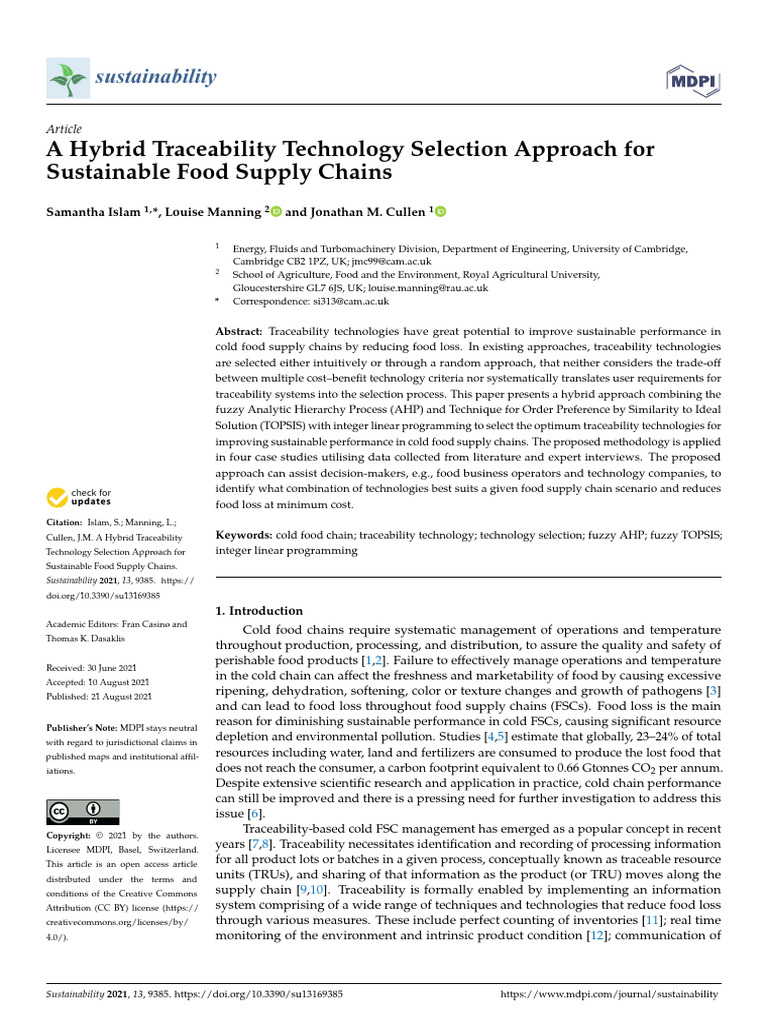 A Hybrid Traceability Technology Selection Approach For Sustainable Food Supply Chains | PDF ...