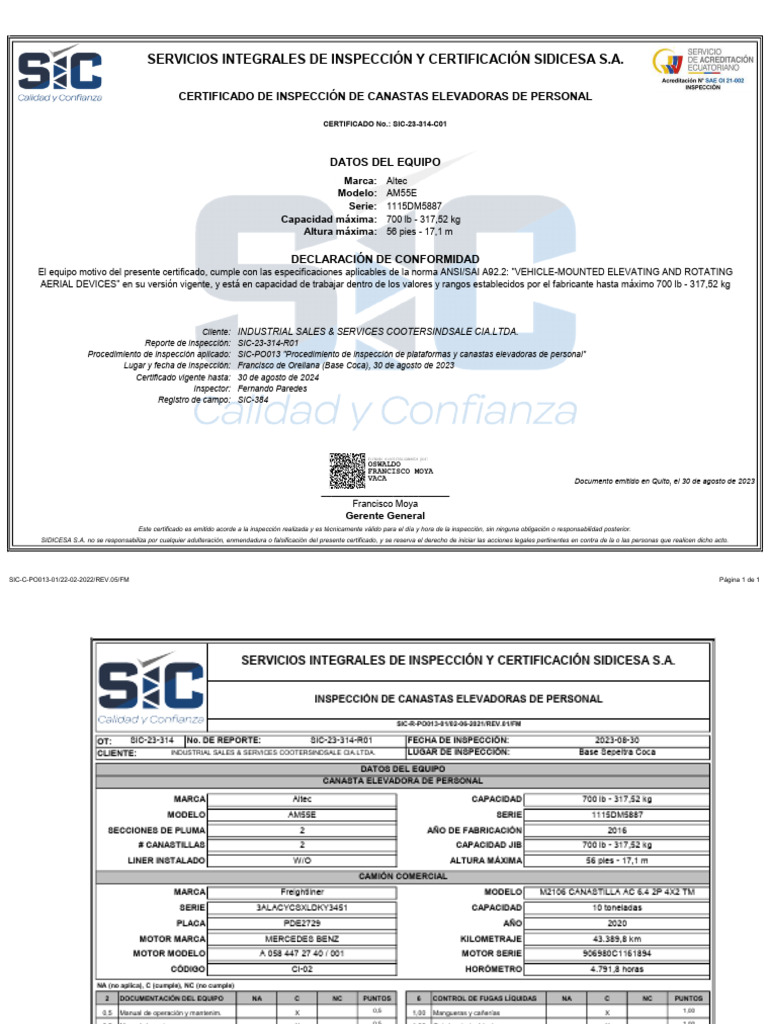 Inspección Altec AM55E - Certificado 2023 | PDF | Neumático | Vehículos