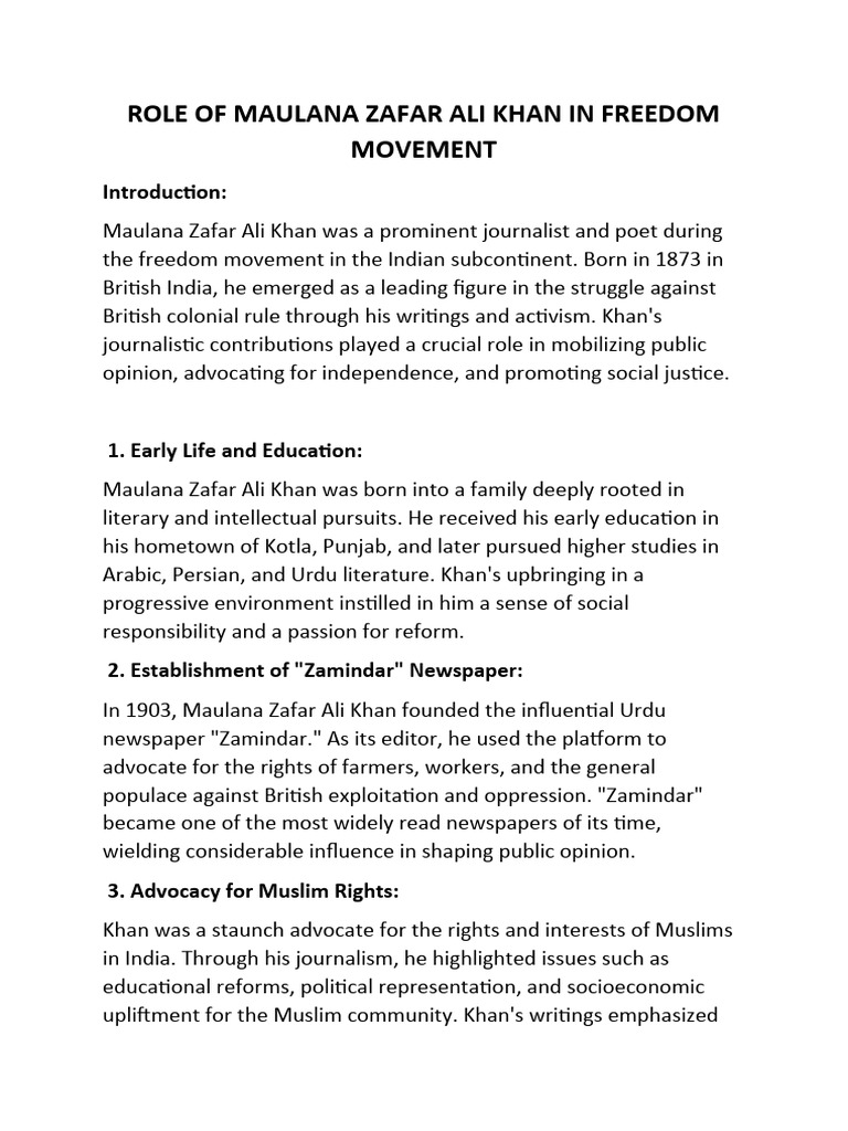 Role of Maulana Zafar Ali Khan in Freedom Movement | PDF | Indian Independence Movement ...