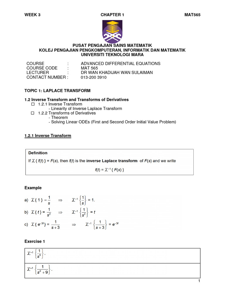 MAT565 - W3C1 - 1.2 Inverse Transform and Transforms of Derivatives ...