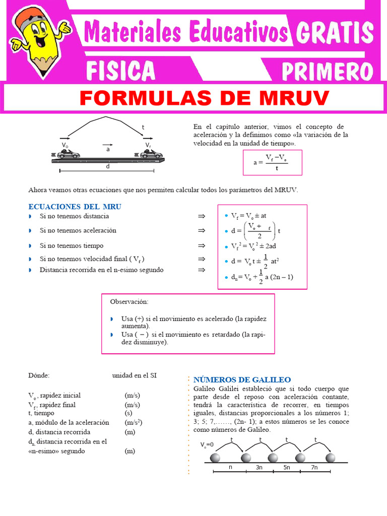 Formulas de MRUV para Primer Grado de Secundaria | PDF | Velocidad ...