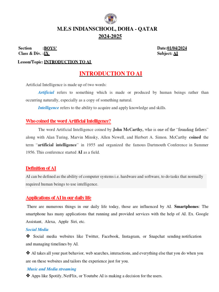 Ai Class 9 Notes | PDF | Artificial Intelligence | Intelligence (AI ...