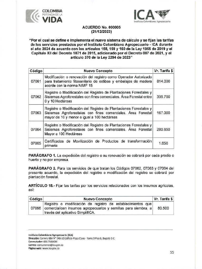 Acuerdo No 000005 Nuevo Modelo de Tarifas ICA 2024-55-60 de Inocuidad e Insumos Agricolas | PDF ...