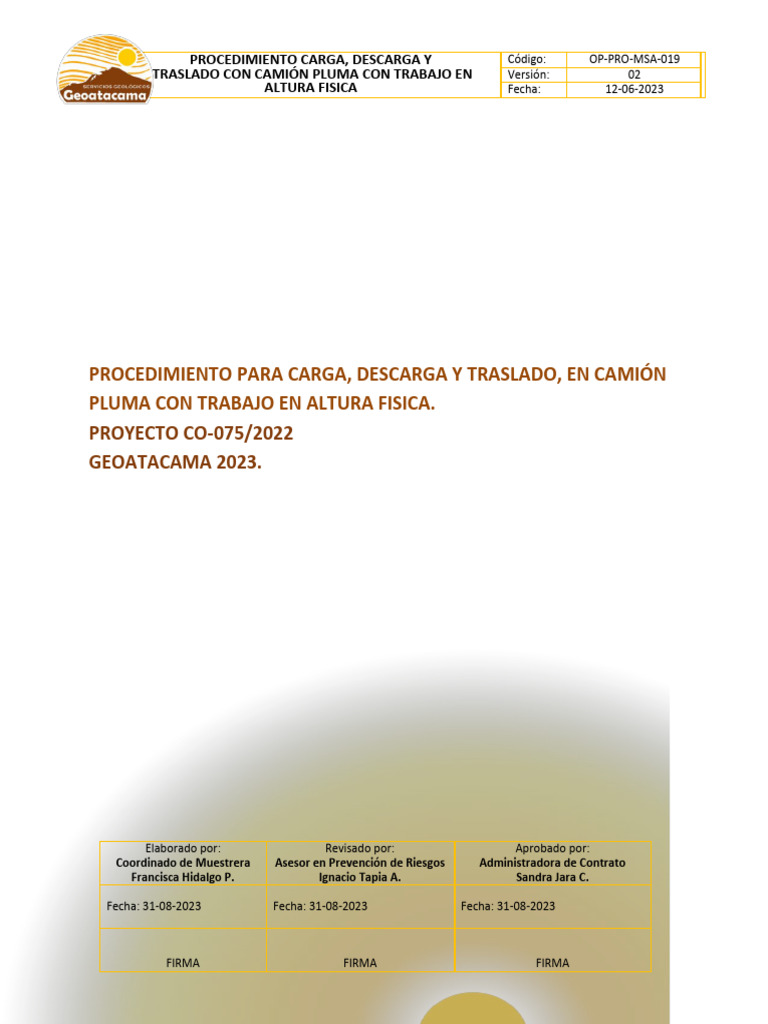 OP-PRO-MSA-019 Procedimiento Traslado de Bandejas Camión Pluma - Trabajo en Altura Fisica ...