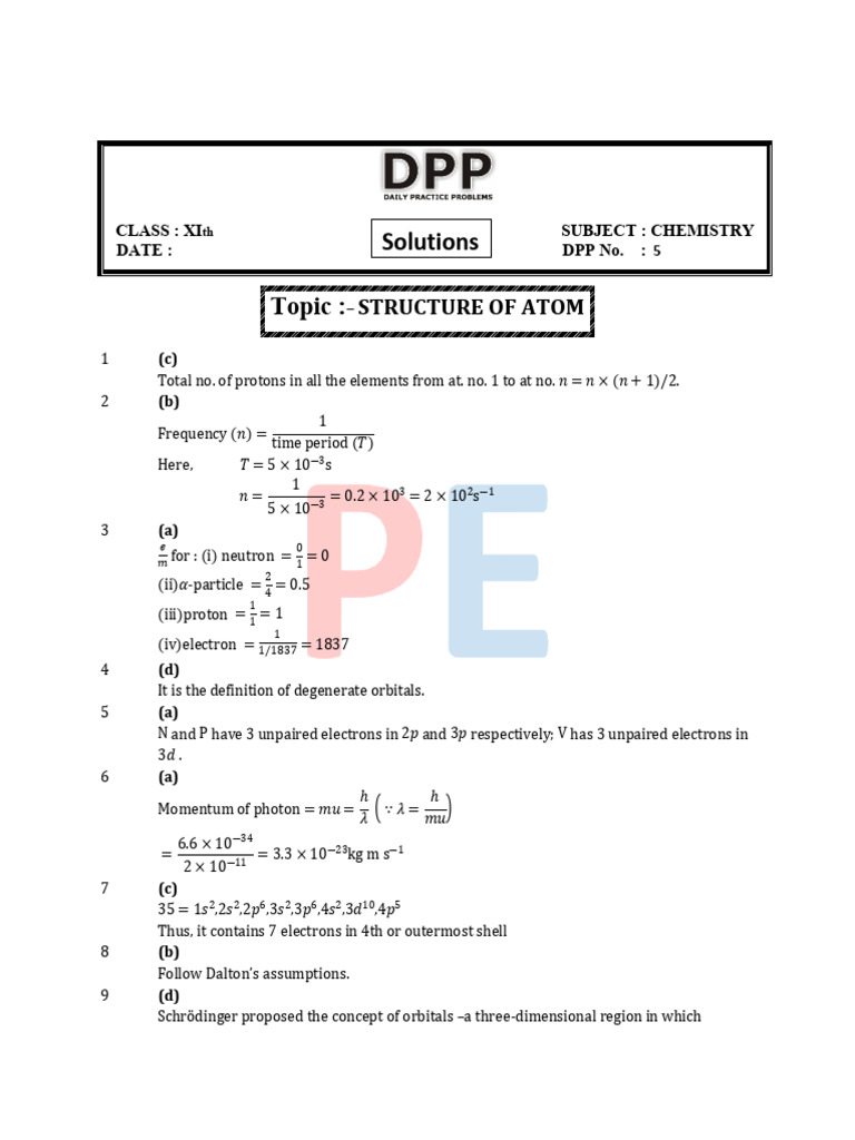 Structure of Atom DPP 5 SOLUTION | PDF | Electron | Atoms
