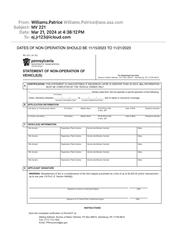 MV-221 Non-Operation Statement Form | PDF | Vehicles | Transport