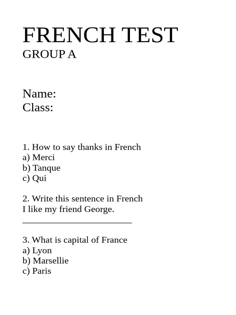 French Language Test for Beginners | PDF | Language Arts & Discipline