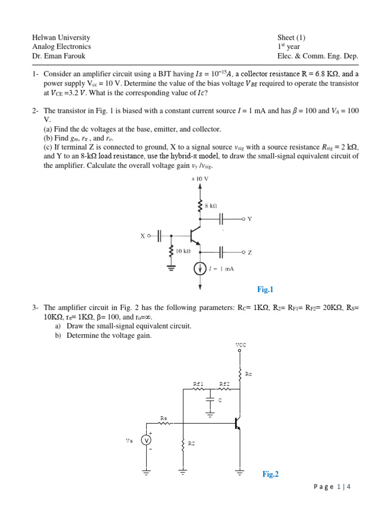 Sheet #1 | PDF | Amplifier | Bipolar Junction Transistor