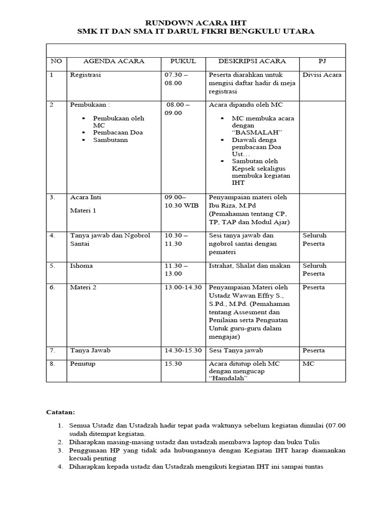 Rundown Acara IHT SMK SMA IT Darul Fikri Bengkulu Utara | PDF