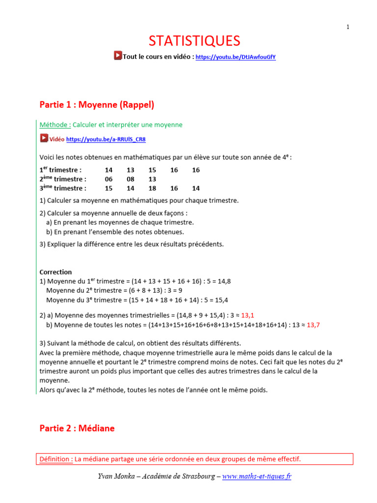 Statistiques : Moyenne et Médiane en Maths | PDF | Médiane ...