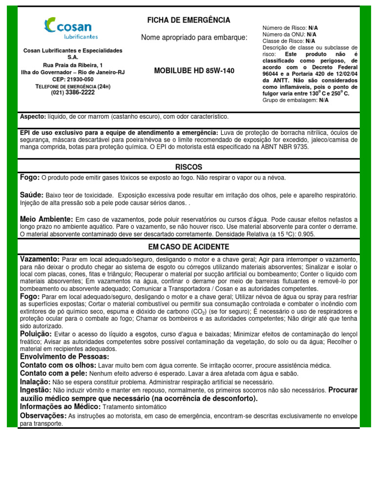 Ficha de Emergência - Mobilube HD 85W-140 | PDF | Incêndios | Águas residuais