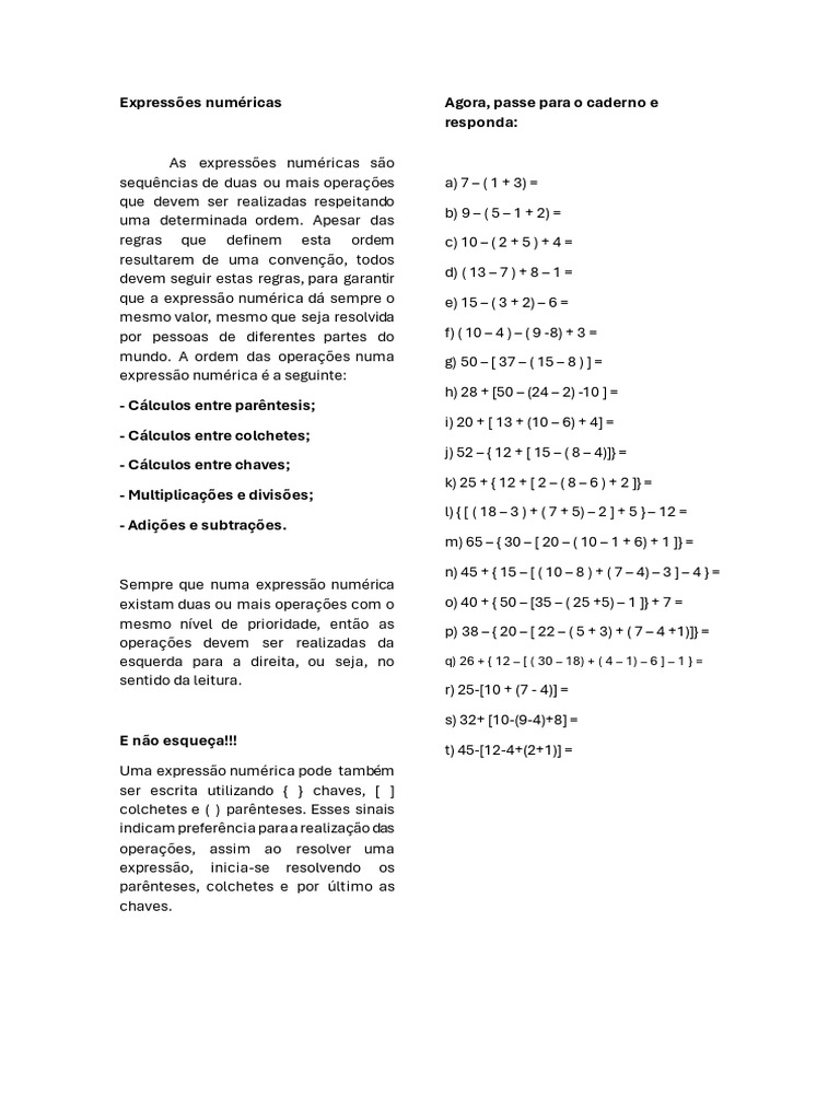Expressões Numéricas 6 Ano | PDF