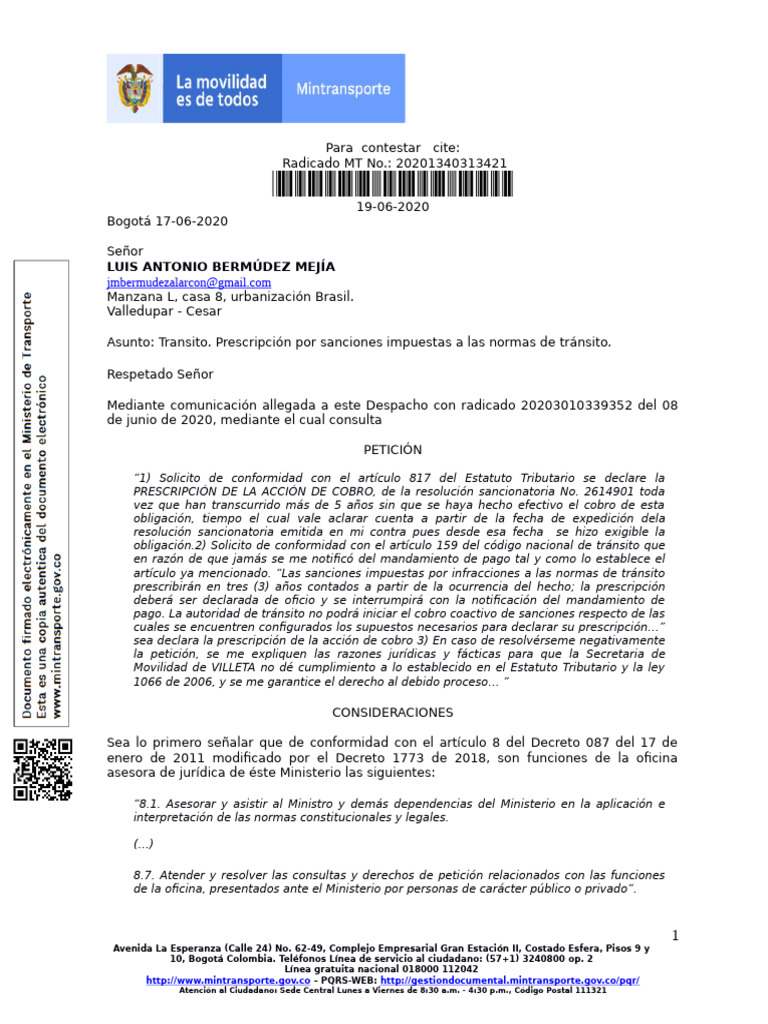 Transito. Prescripción Por Sanciones Impuestas A Las Normas de Tránsito. 20201340313421 LUIS ...