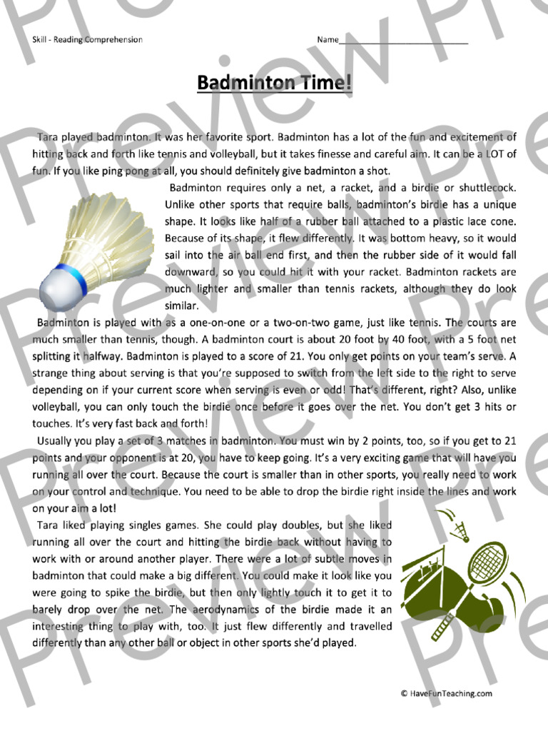 badminton-time-fifth-grade-reading-comprehension-worksheet-preview | PDF