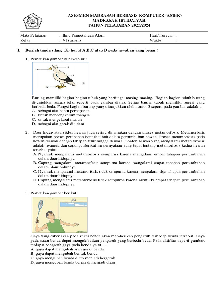 Soal Ambk Ipa Kelas Vi TP 2023-2024 Ok | PDF | Seni & Disiplin Bahasa | Kajian Bahasa Asing
