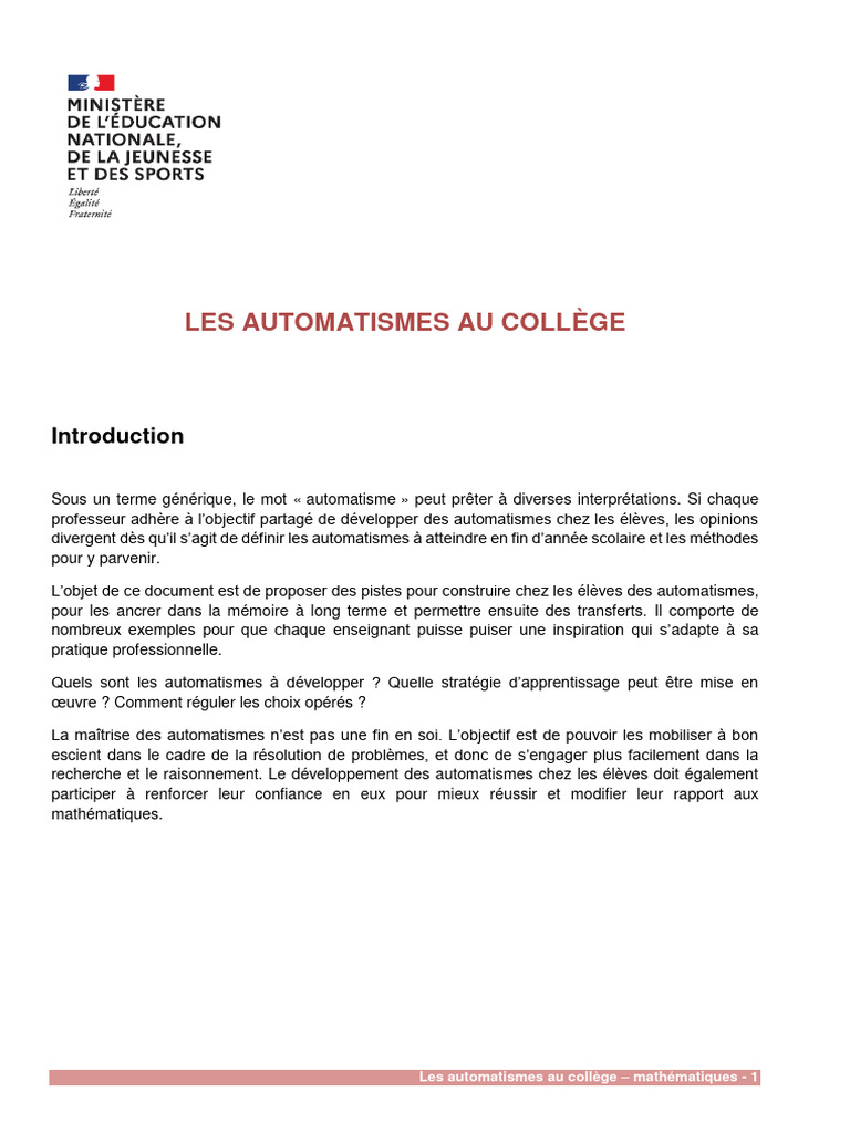 Développer les automatismes en maths collège | PDF | Mémoire ...