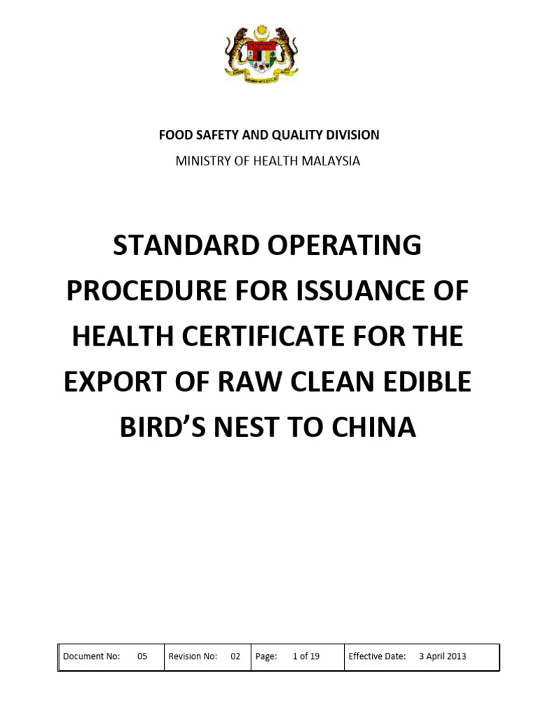 Health Certificate SOP for Bird's Nest Export | PDF | Finance & Money Management | Wellness
