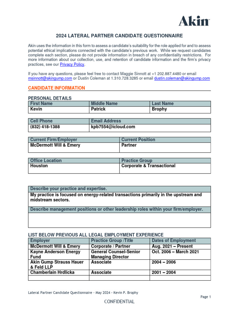 Lateral Partner Candidate Questionnaire 2024 | PDF | Conflict Of ...