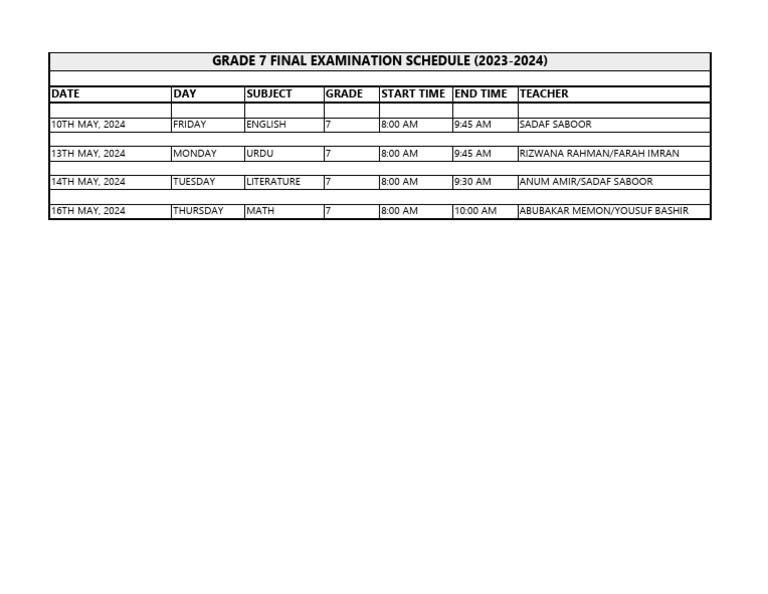 Grade 7 Final Exam Schedule 2024 | PDF