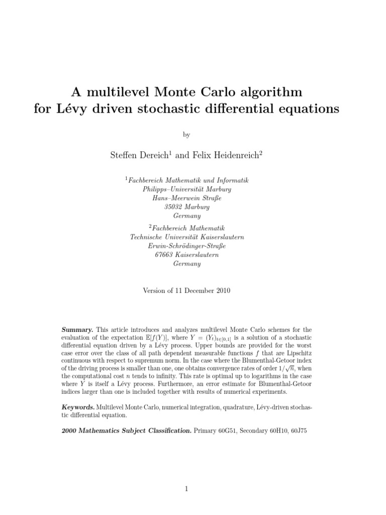 Mlmc Levy Driven Pdf Stochastic Differential Equation Mathematics