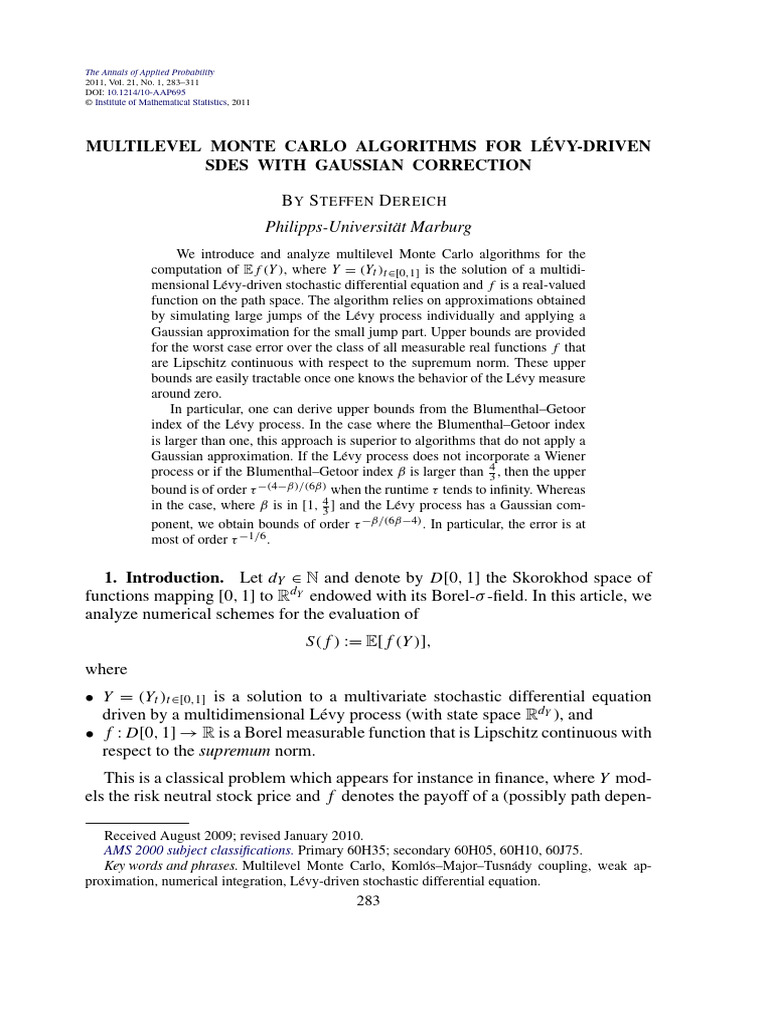 Mlmc Gaussian Correction Pdf Stochastic Differential Equation Normal Distribution