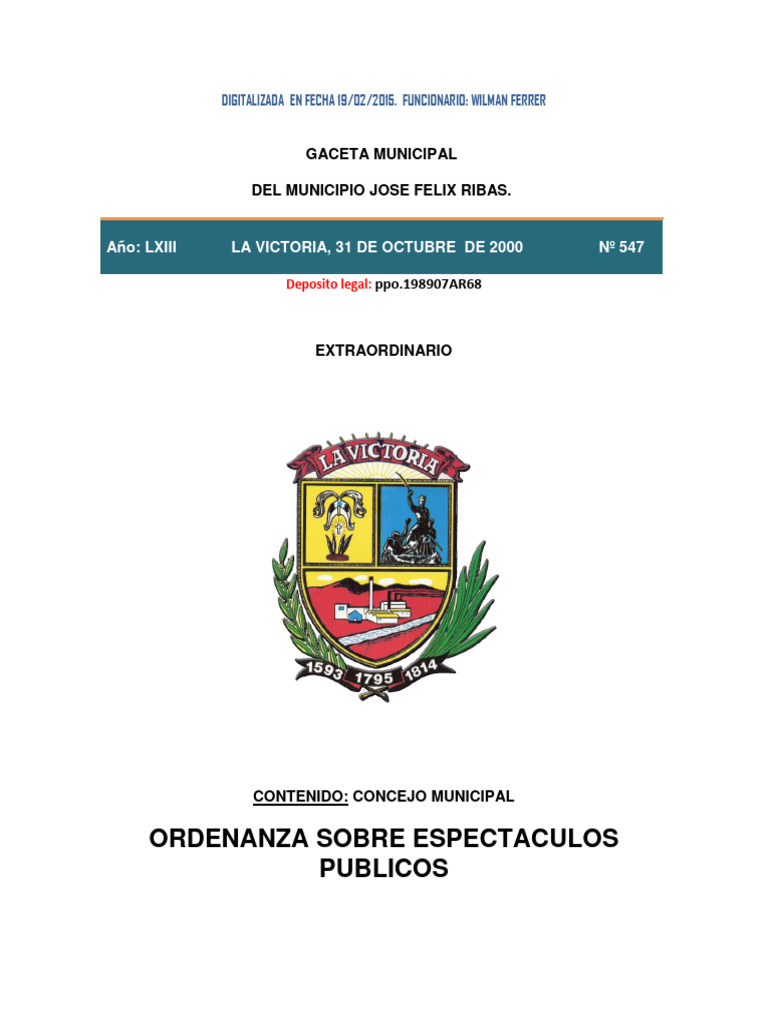 Ordenanza Sobre Espectáculos Públicos Del Municipio José Félix Ribas Del Estado Aragua. Gaceta ...