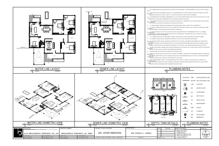Water Line Layout Sewer Line Layout Plumbing Notes: One - Storey ...