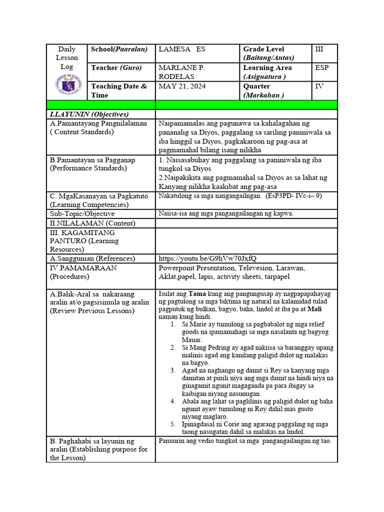 Esp3 q4 Week 8 Day 2 June 20 | PDF