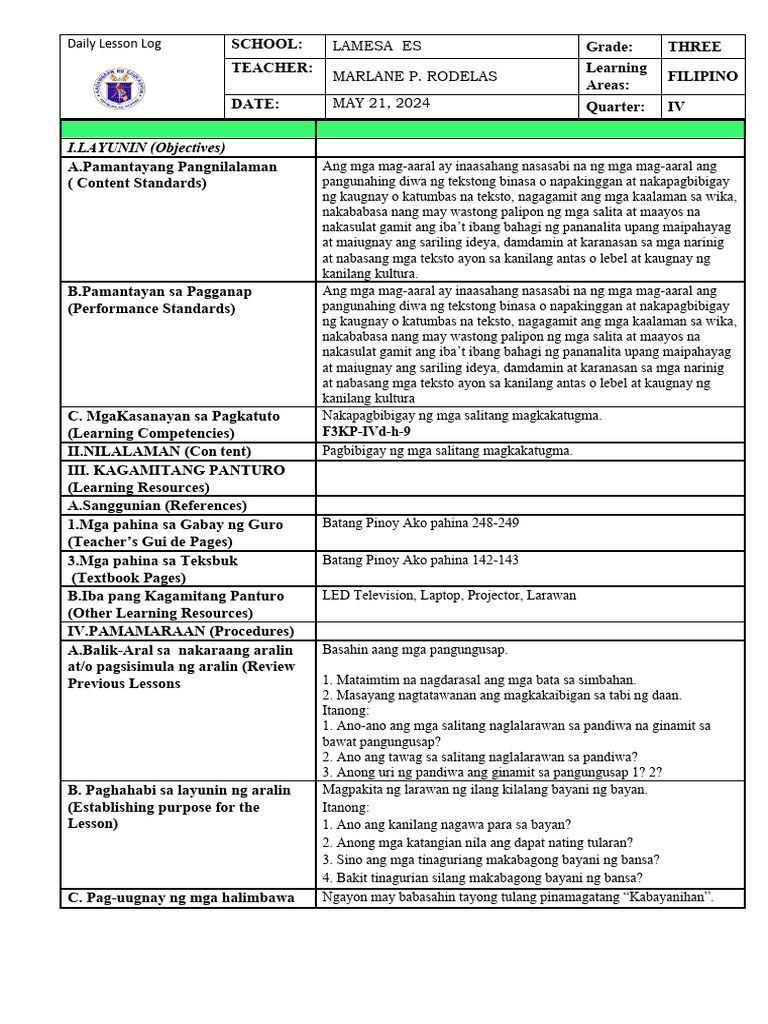 Filipino DLL Q4 WK8 D4 | PDF