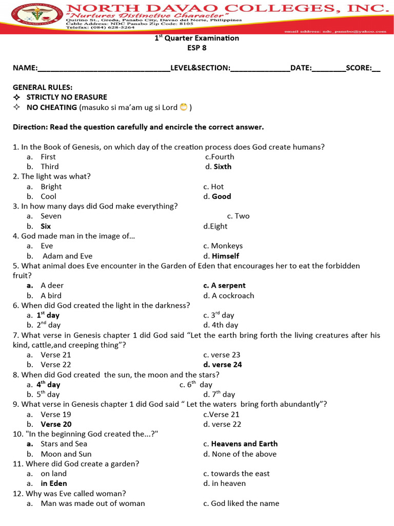 1st Quarter Exam With ANSWER KEY | PDF | Adam And Eve | Genesis ...