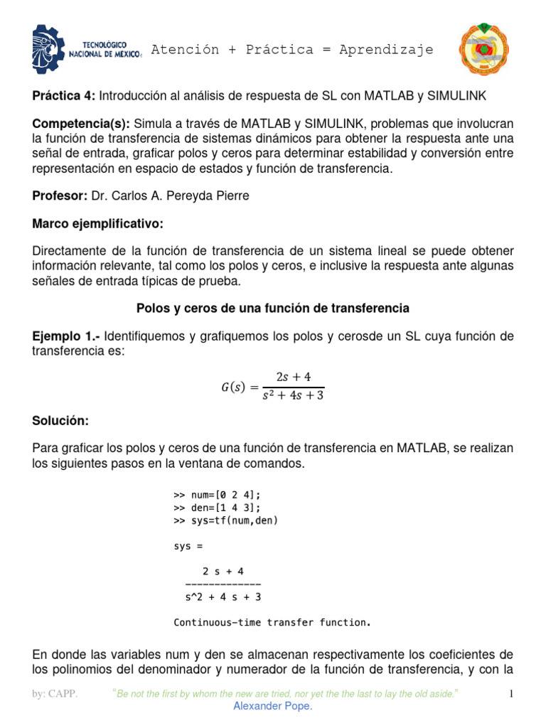MSF PRACTICA 4 Introduccion Al Análisis de SL Con Matlab CAPP 2022 | PDF | Función (Matemáticas ...