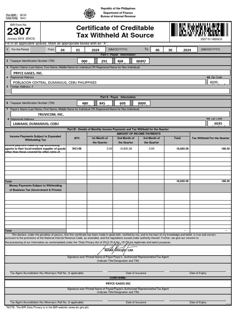 Certificate of Creditable Tax Withheld | PDF | Payments | Taxation