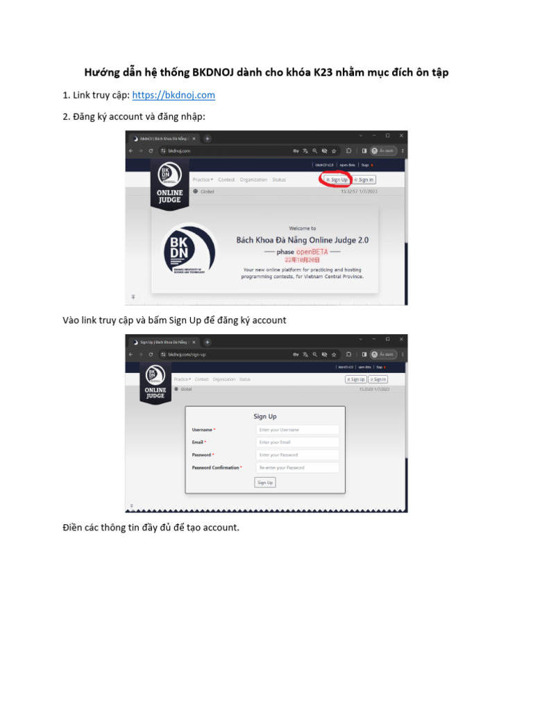 Hướng dẫn hệ thống BKDNOJ dành cho khóa K23 nhằm mục đích ôn tập 2 | PDF
