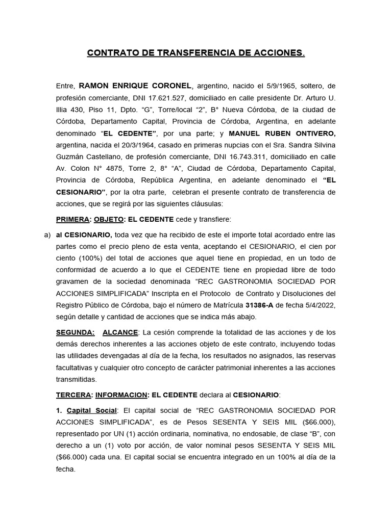 Contrato de Cesion de Acciones | PDF | Derecho