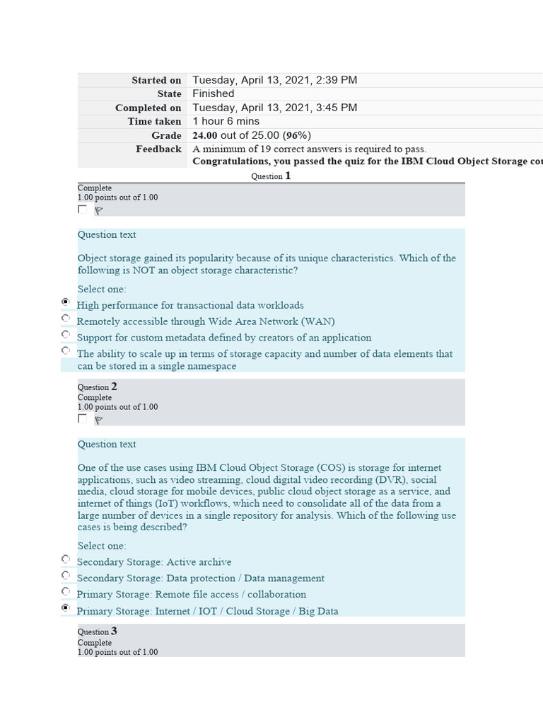IBM Cloud Object Storage (COS) - Level 2 Quiz - Passed - OK | Download Free PDF | Cloud ...