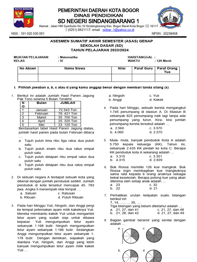 Soal Matematika ASAS Genap 2023 - 2024 Kelas IV | PDF