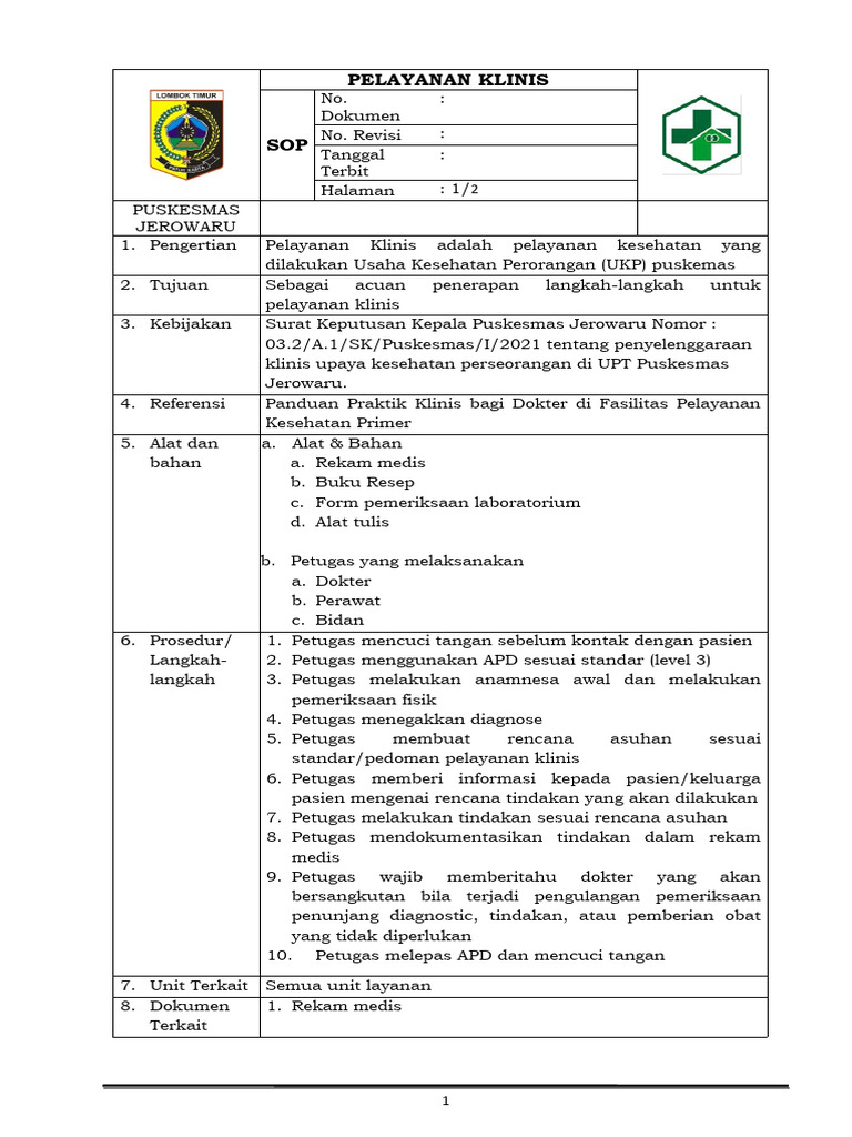 SOP Pelayanan Klinis Puskesmas | PDF | Pengembangan Diri