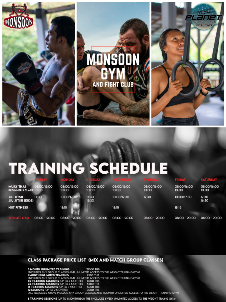 Monsoon Gym Thailand Training Prices Schedule 2022 | PDF