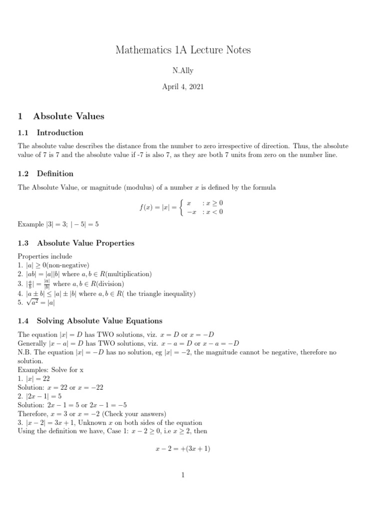 Absolute Values Maths 1a Pdf Mathematics Mathematical Analysis