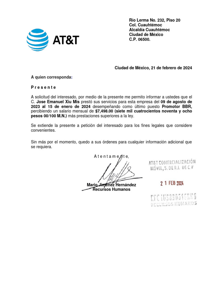 Carta de Recomendación AT&T | PDF | Derecho
