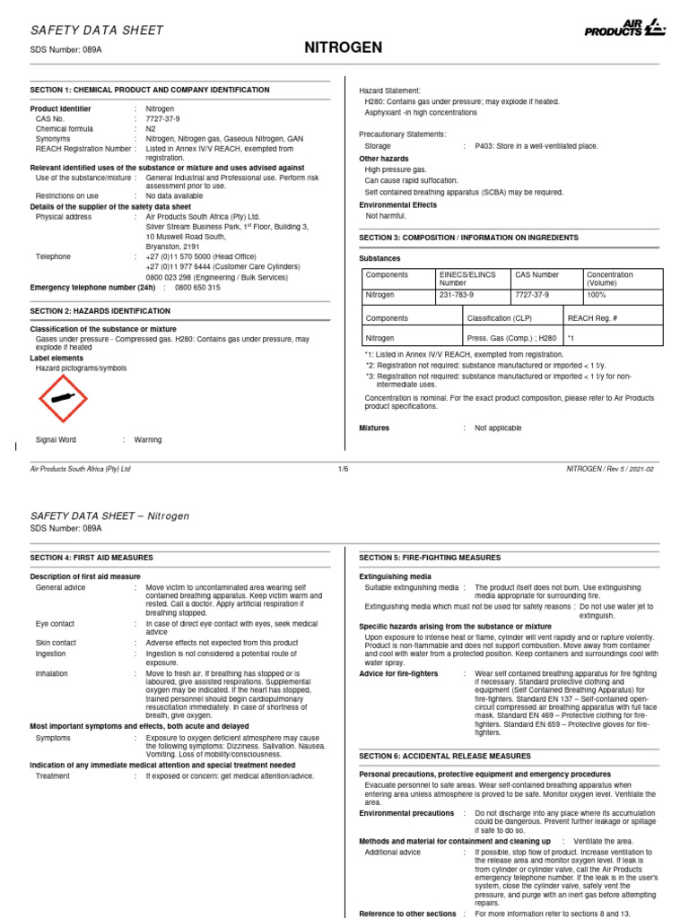 MSDS-089A-APSAP-Nitrogen-Gen-Ind-GHS-2021-01 | PDF | Safety | Chemistry