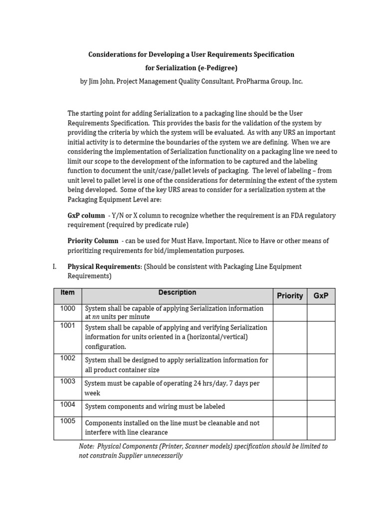 Considerations For Developing A User Requirements Specification For Serialization 1 | PDF ...