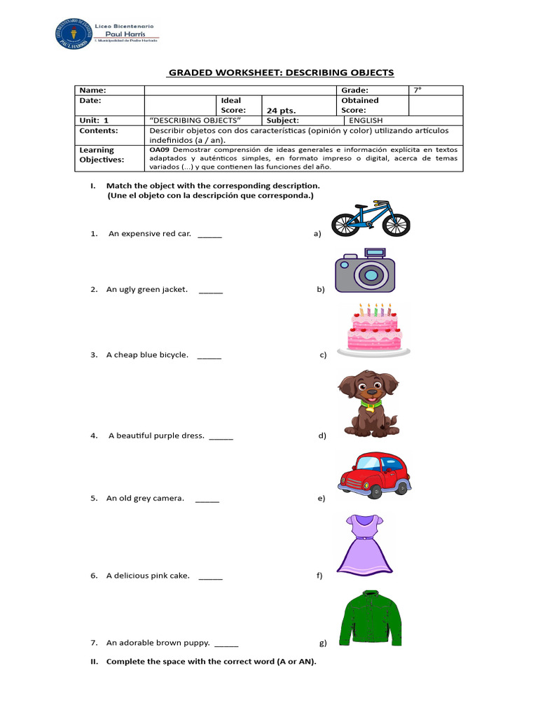 Describing Objects Worksheet for 7th Grade | PDF