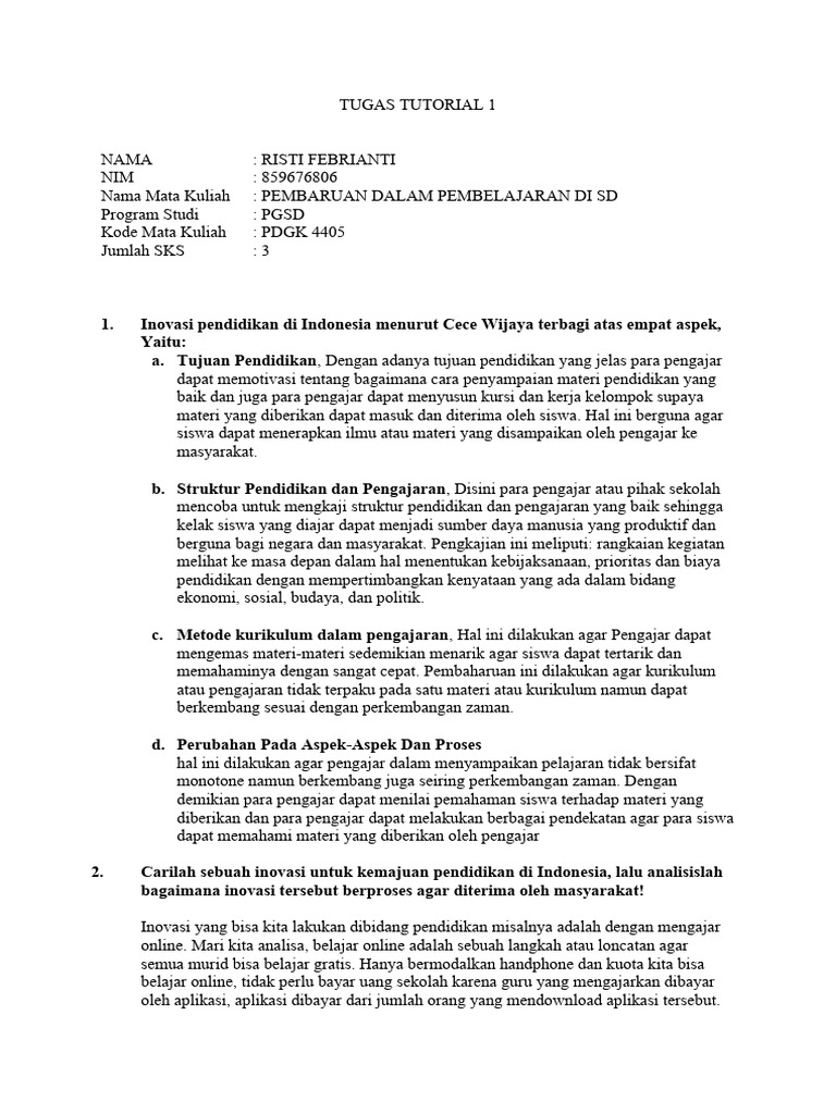 Tugas Tutorial 1 Pembaruan Dalam Pembelajaran Di SD | PDF | Karier & Perkembangan | Kesehatan ...