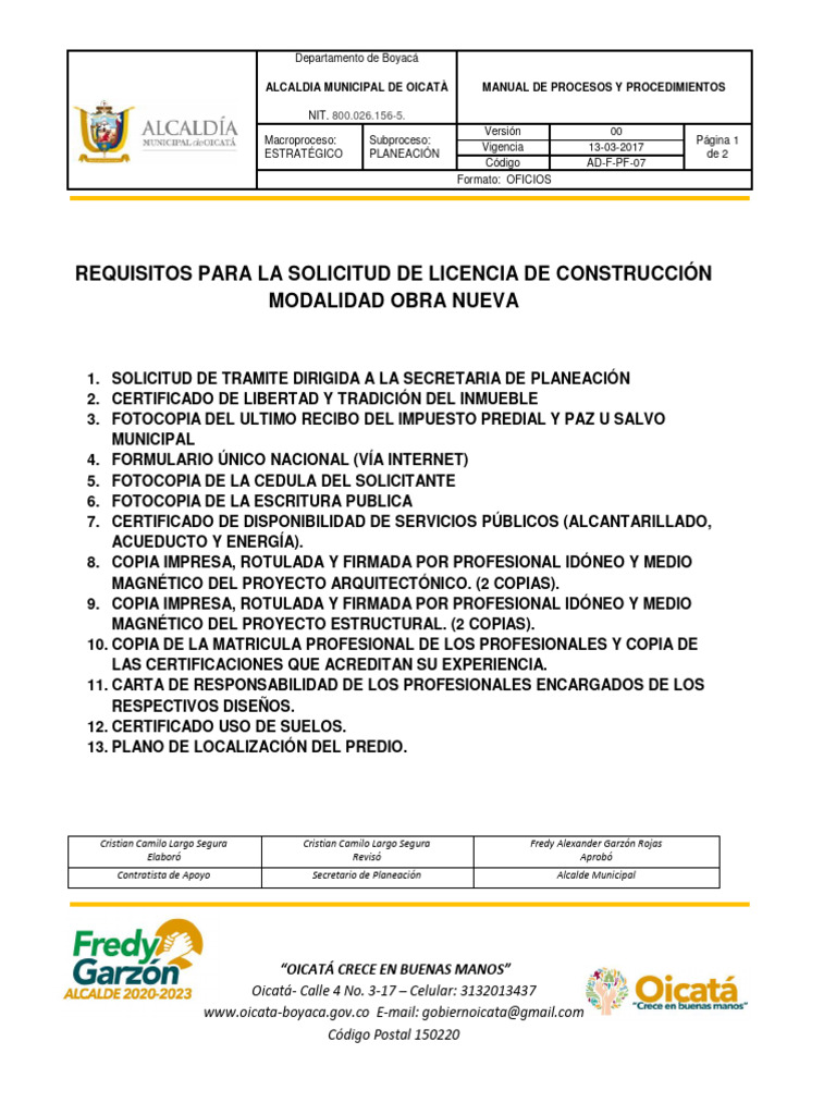 Requisitos para La Solicitud de Licencia de Construcción Modalidad Obra Nueva | PDF