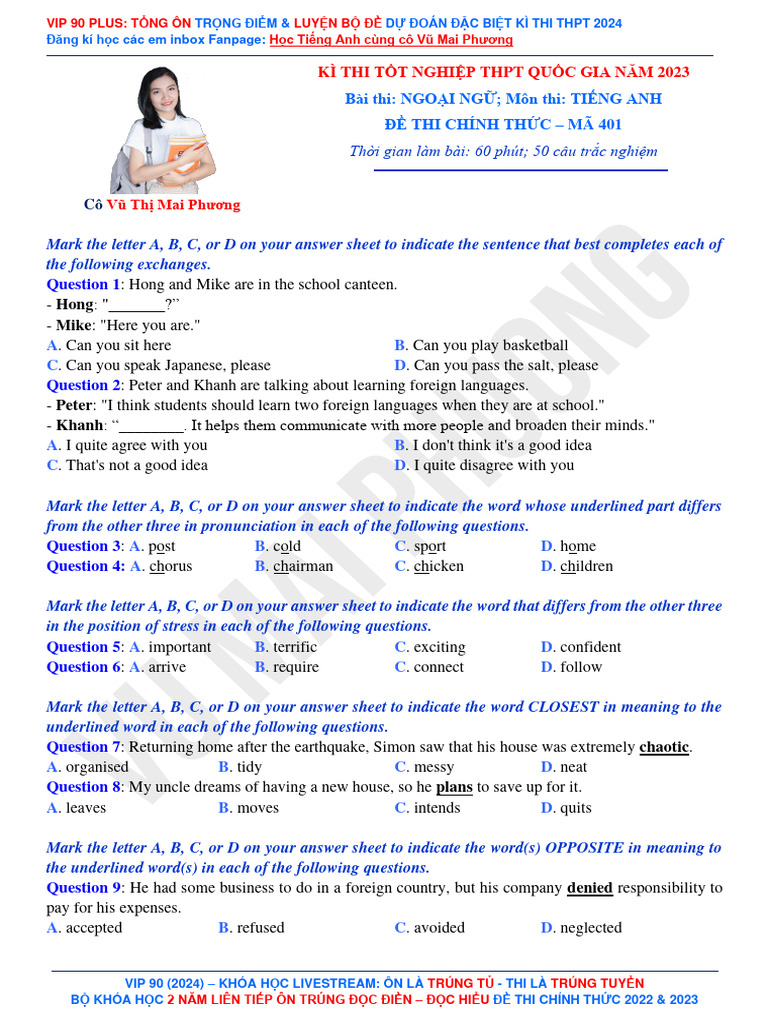 19. (Cô Vũ Mai Phương) Đề Thi Chính Thức & Hướng Dẫn Giải Môn Tiếng Anh - THPT Quốc Gia 2023 (Mã ...